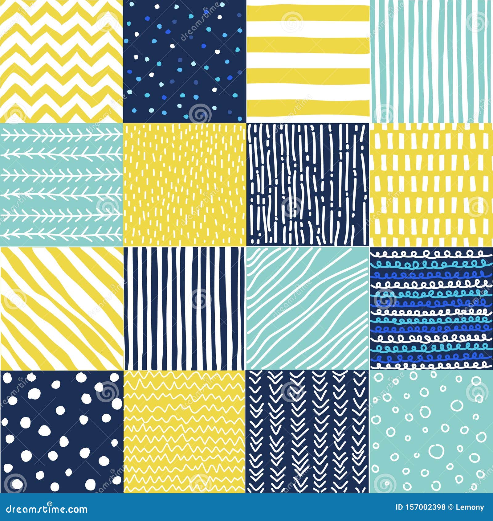 Seamless Pattern in Doodle Style. Hand Drawn Blue and Yellow Color ...