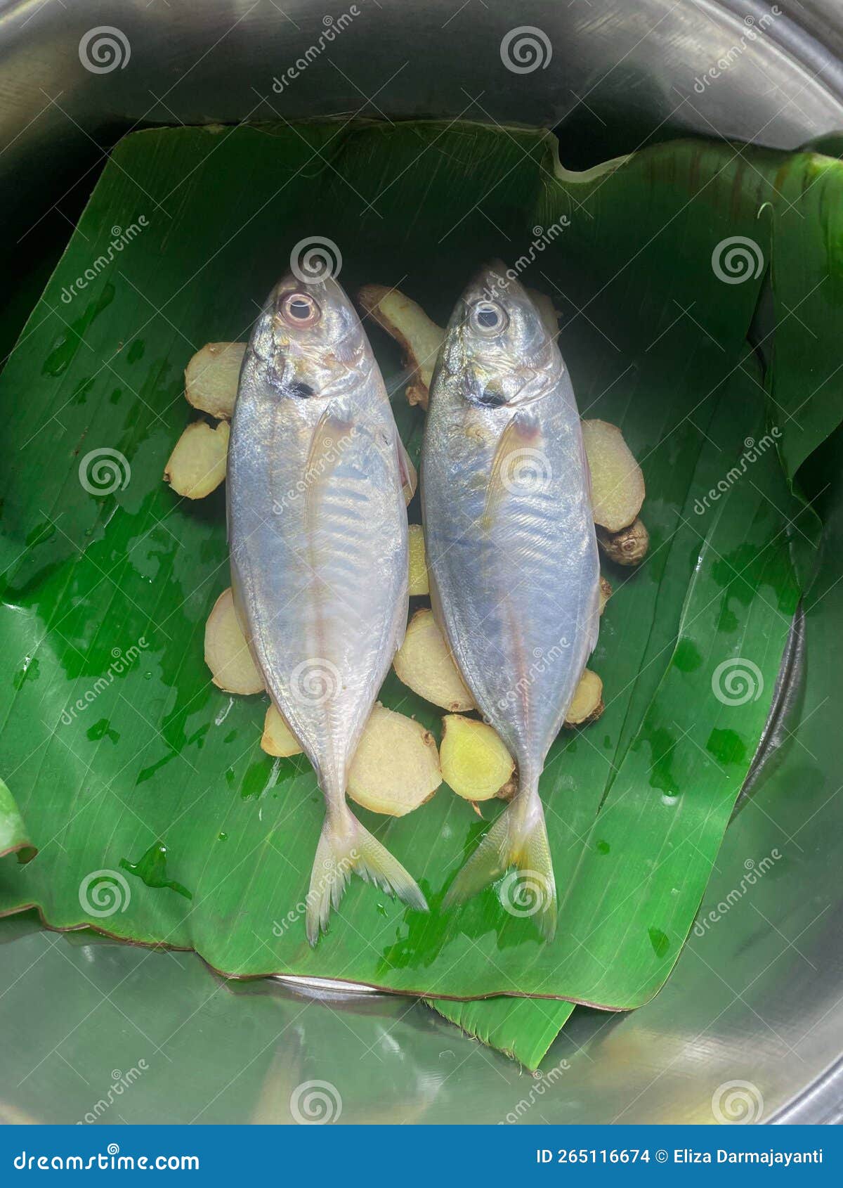 Yellowtail Scad Fish in a Steamer with Ginger on a Banana Leaf Stock ...