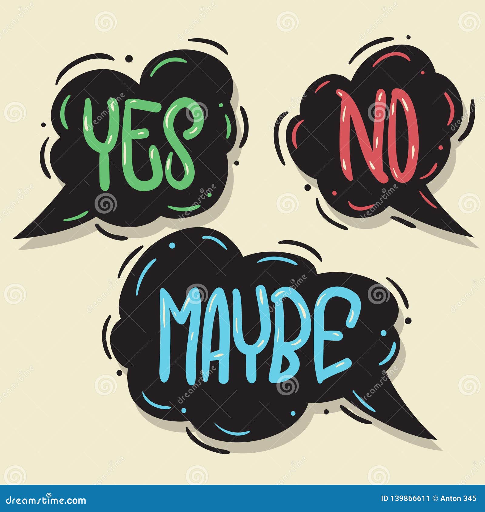 Yes No Maybe Speech Bubbles Hand Drawn Lettering Typographic Vector ...