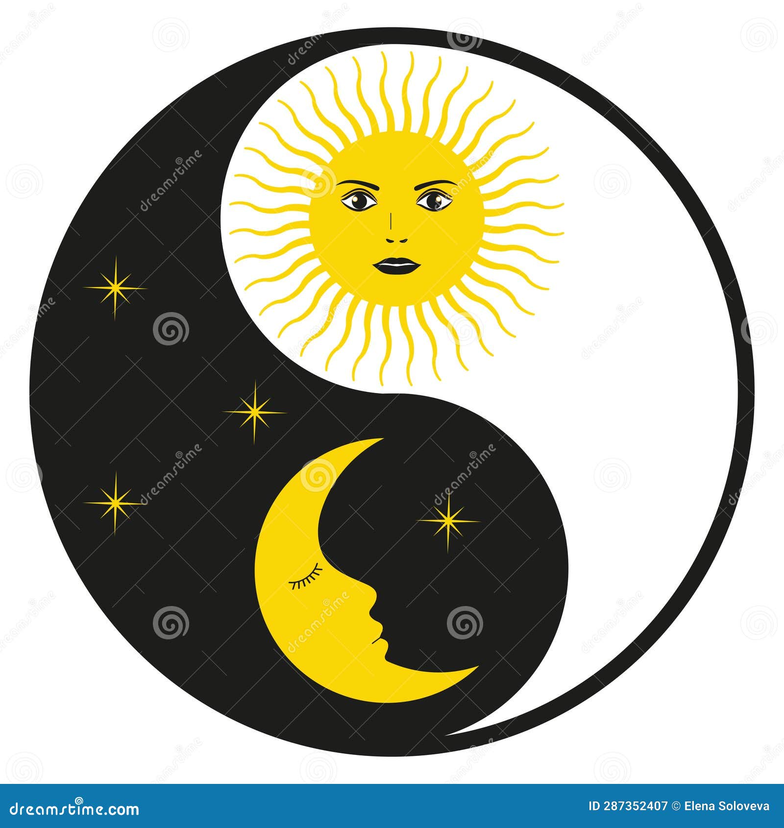 Yin Yang Illustration with Sun and Moon with Stars Stock Illustration ...