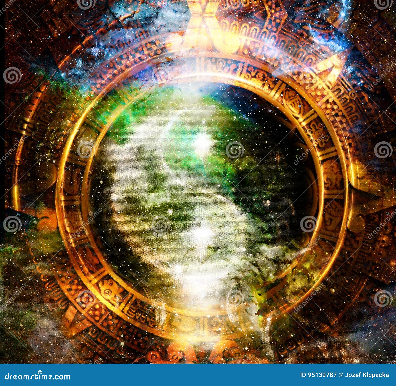 Yin Yang Symbol In Maya Calendar. Cosmic Space Background. Stock Image ...