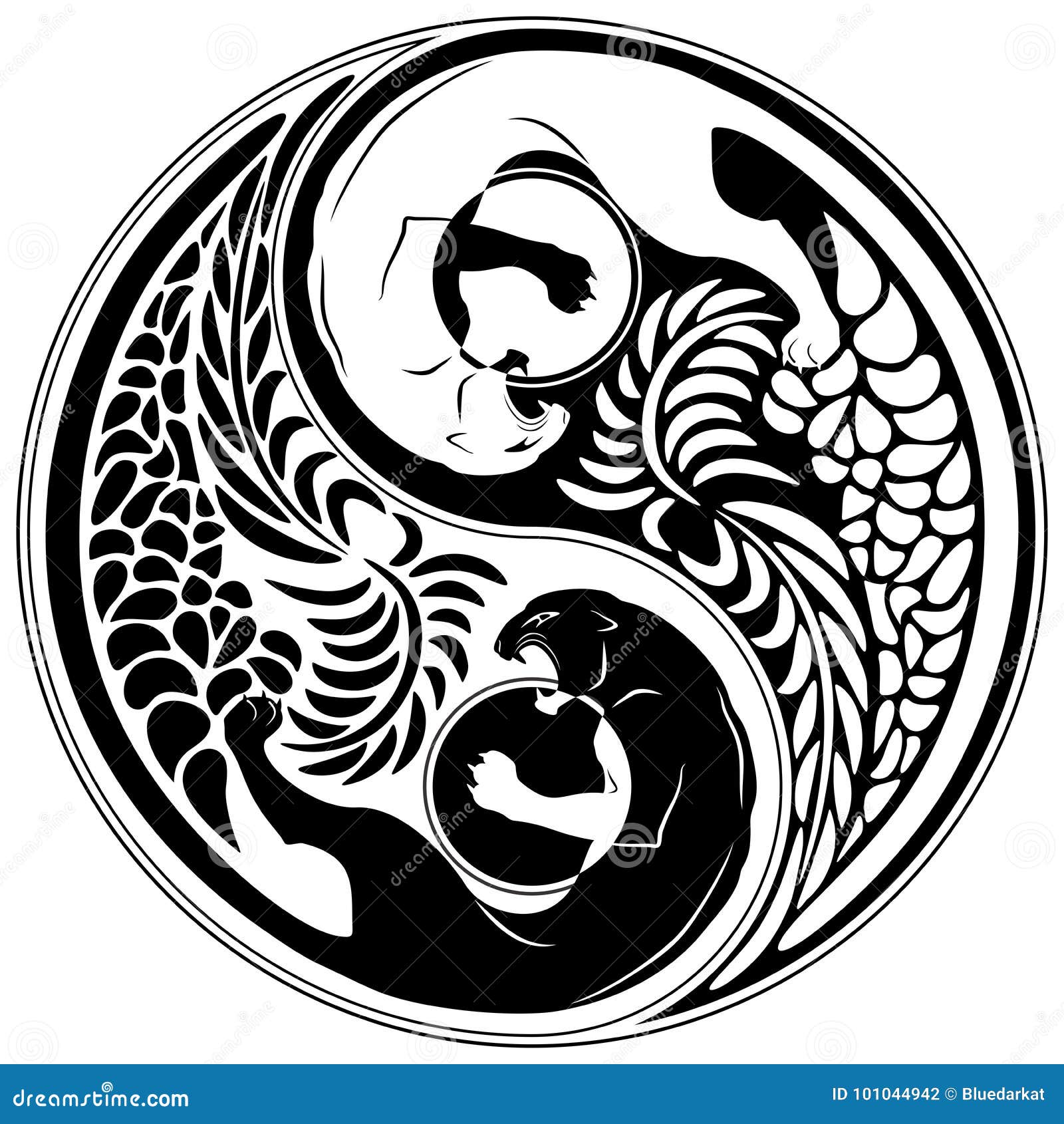 Yin Yang Wild Cat Black E Estilo Branco Da Tatuagem Ilustração do Vetor ...