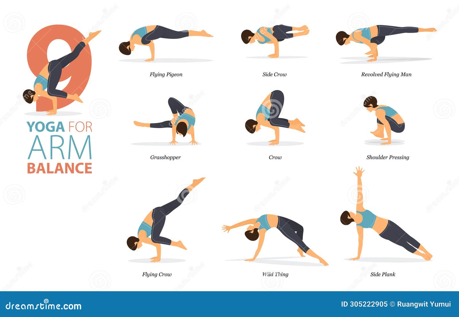 9 Yoga Poses for Workout in Concept of Arm Balance in Flat Design. Yoga ...