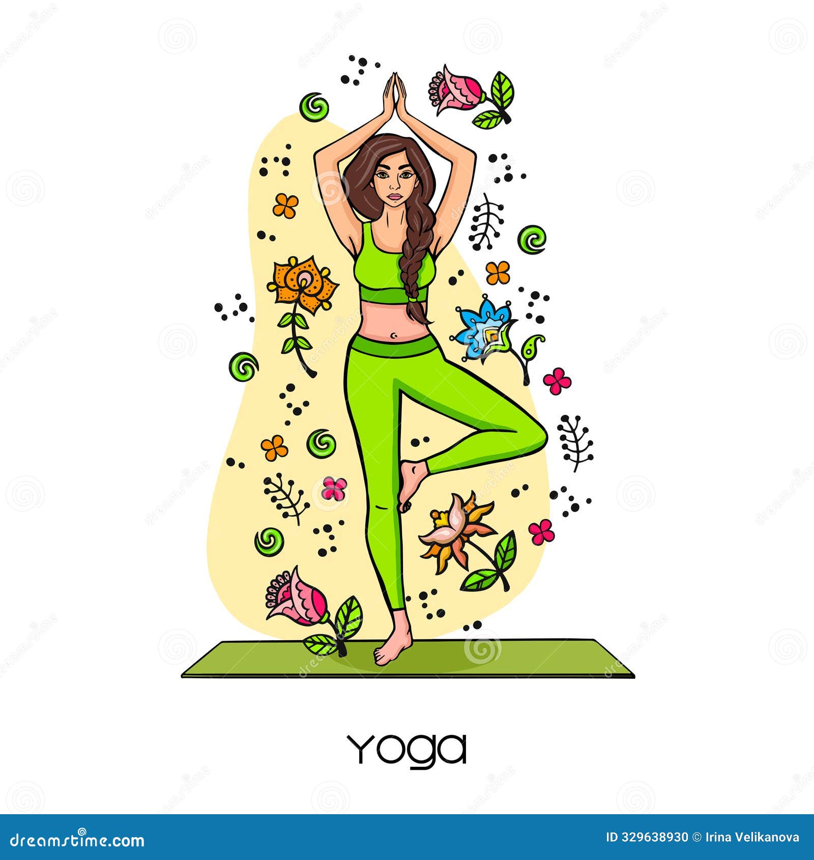 Yoga, Asana Tree Pose, Unity with Nature, Color Illustration Vector ...