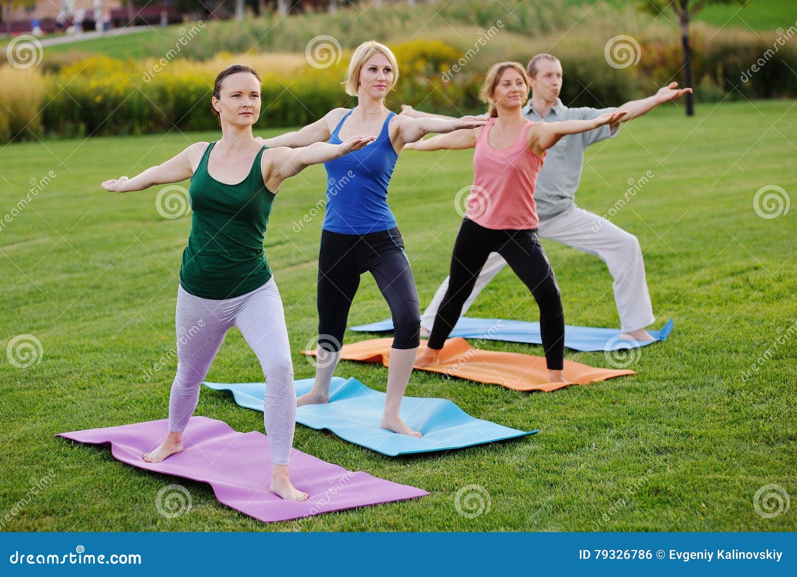 Yoga Asanas Group Performs on the Grass Stock Photo - Image of ...
