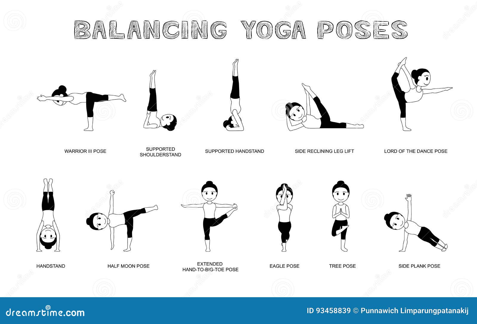 Yoga Balancing Poses Vector Illustration Monochrome Stock Vector ...