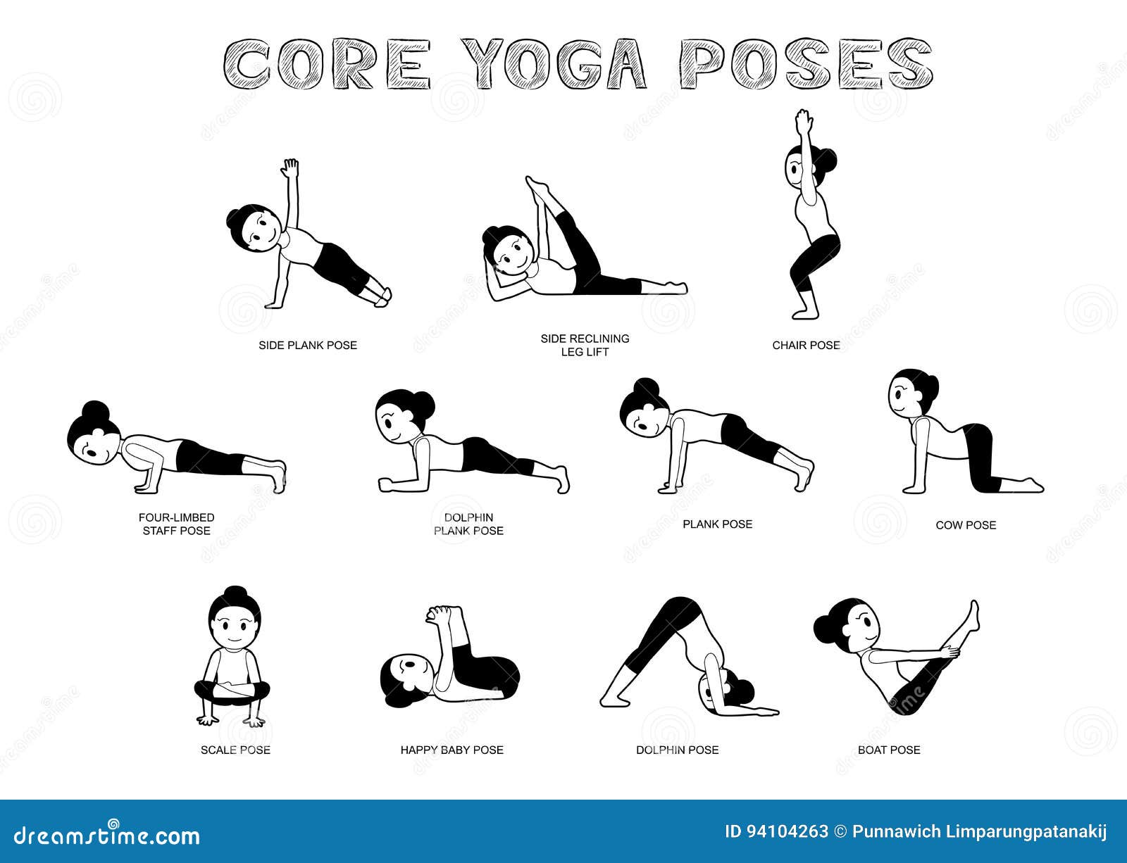 Yoga Core Poses Vector Illustration Monochrome Stock Vector ...