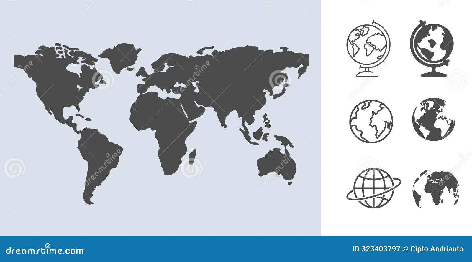 Flat Design World Map Black Color with Icon Globe Stock Vector ...