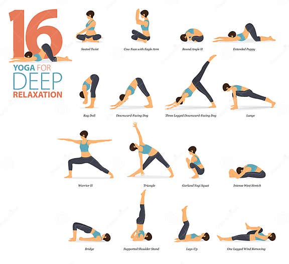 16 Yoga Poses or Asana Posture for Workout in Deep Relaxation Concept ...