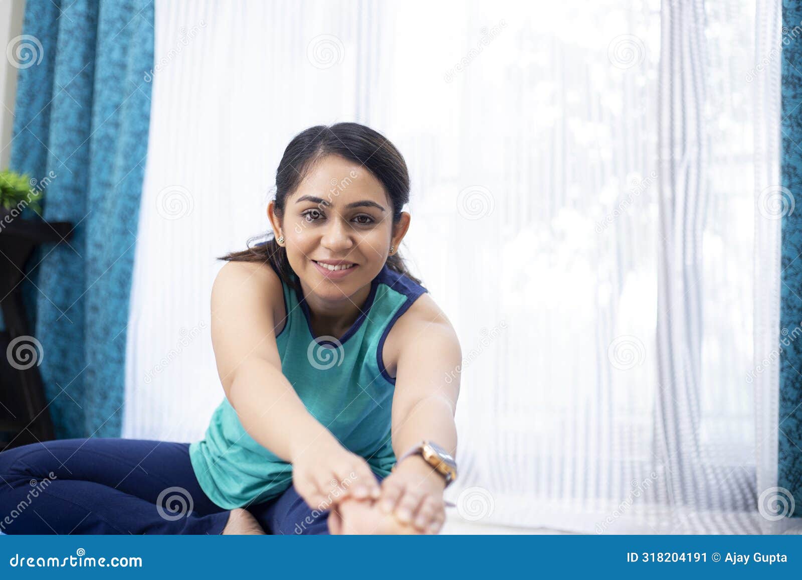 Yoga Enthusiast Practicing Hurdler Hamstring Stretch Workout Stock ...