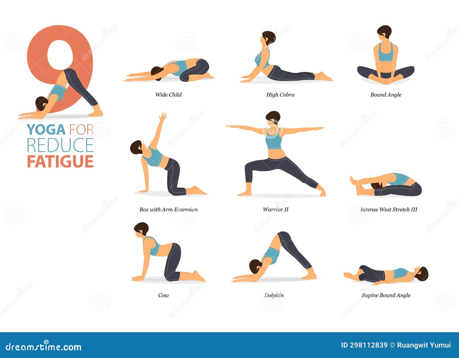 9 Yoga Poses or Asana Posture for Workout in Reduce Fatigue Concept ...