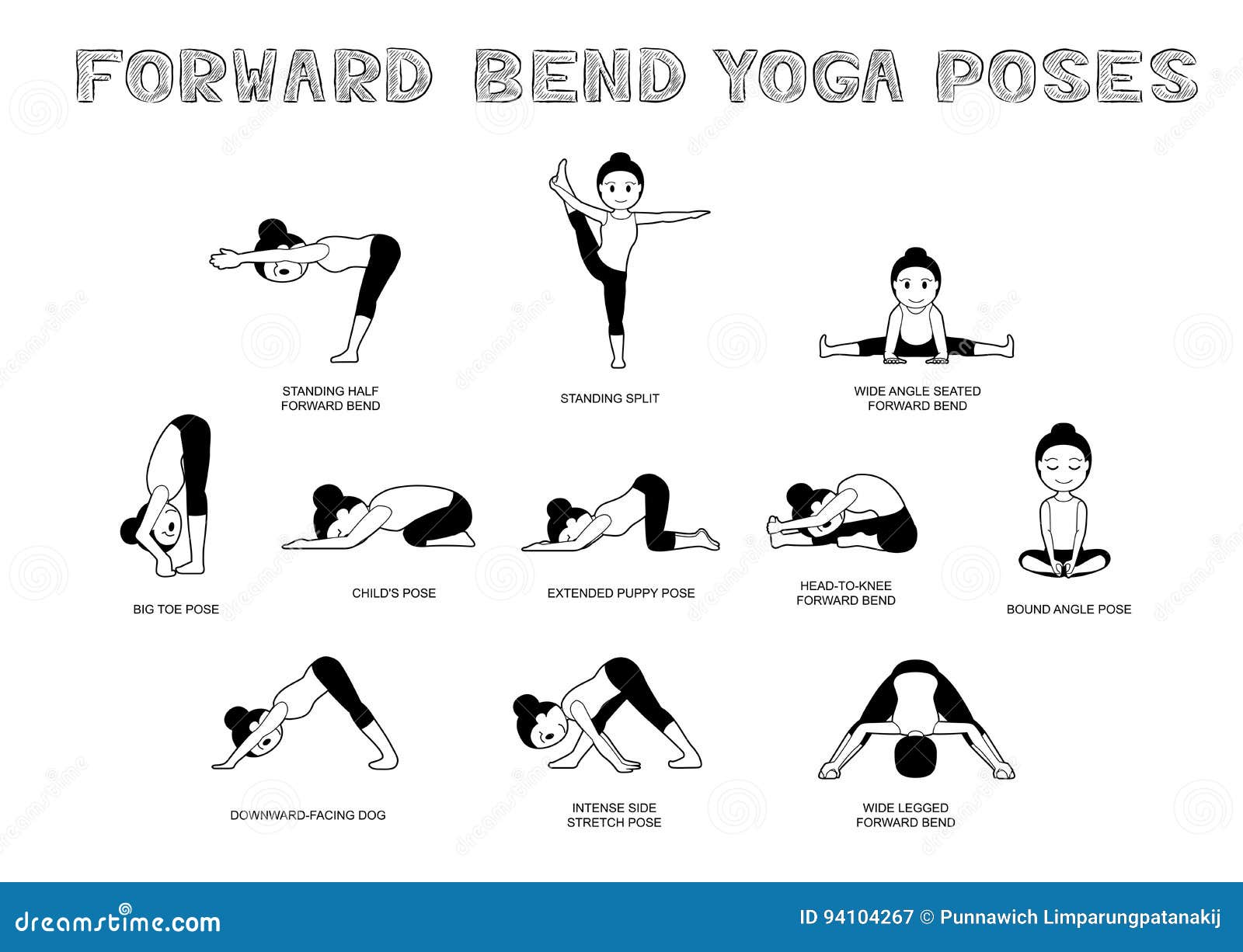 Yoga Forward Bend Poses Vector Illustration Monochrome Stock Vector ...