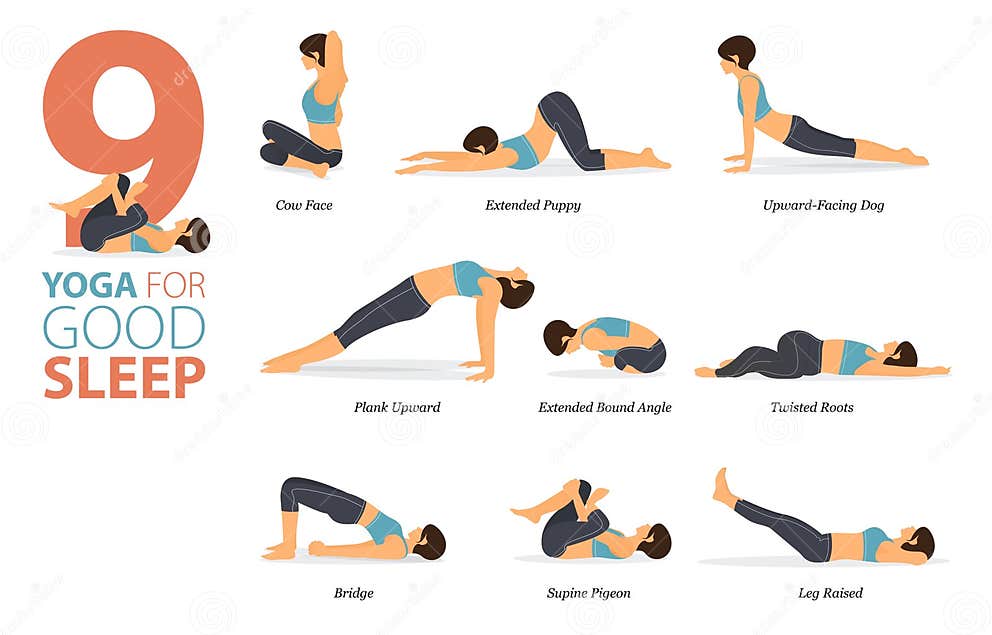 9 Yoga Poses or Asana Posture for Workout in Good Sleep Concept. Women ...