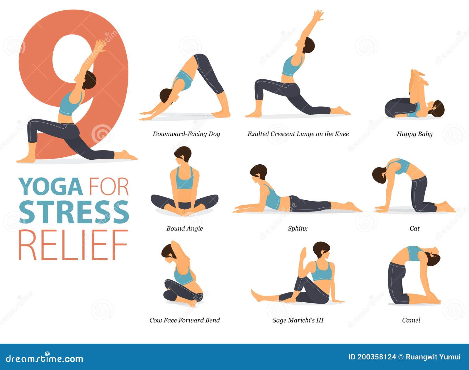 9 Yoga Poses Or Asana Posture For Workout In Stress Relief Concept