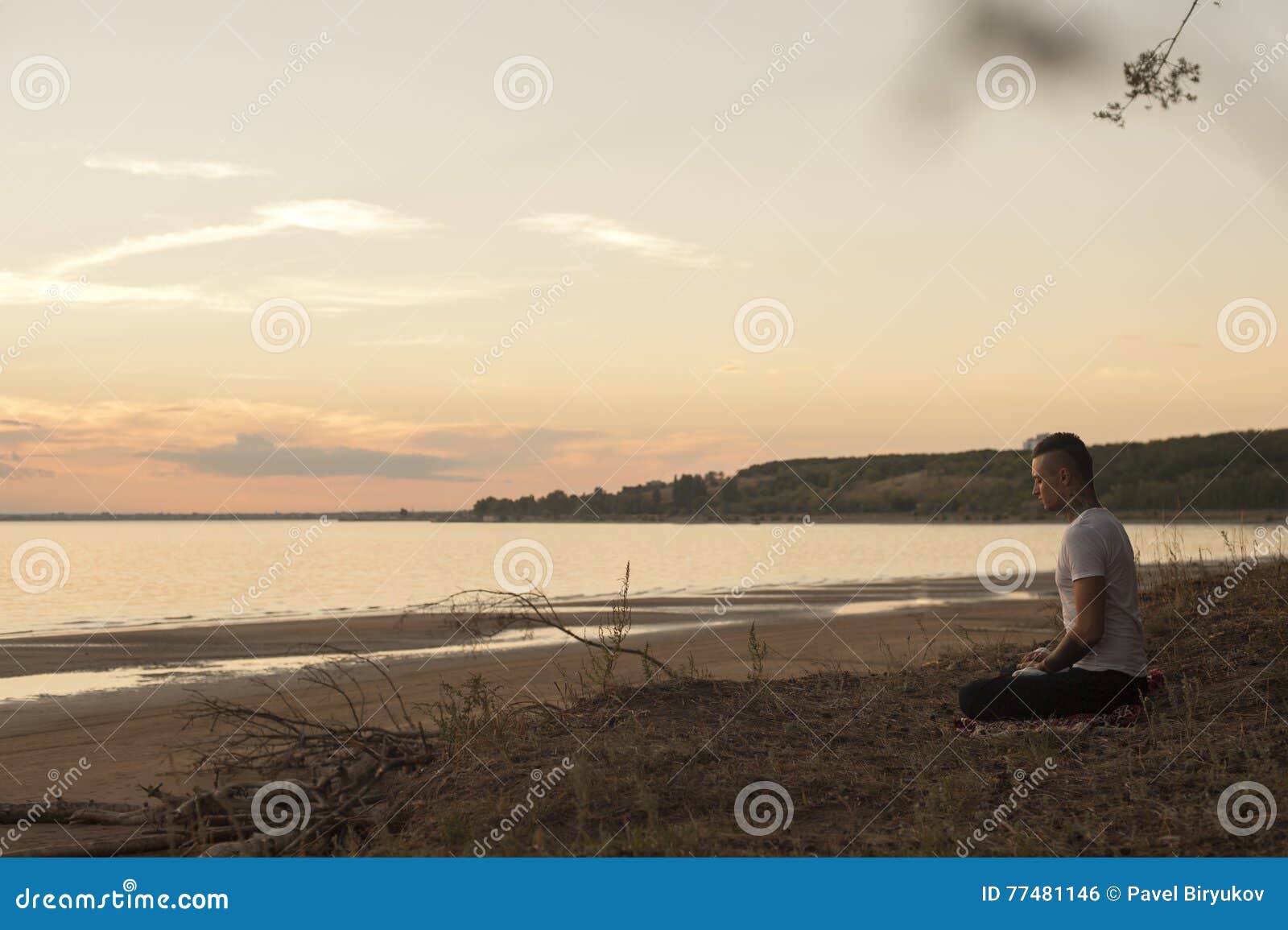 Yoga Man Sitting on the Beach at Sunset Stock Photo - Image of ...