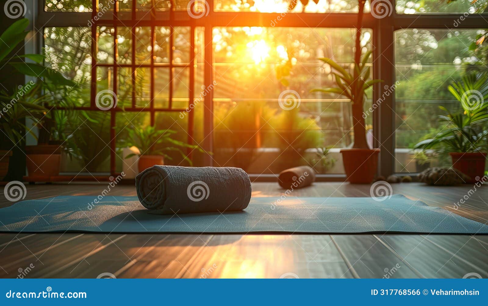 Yoga with Mat Lying on Wood Floor in a Yoga Studio. Stock Illustration ...