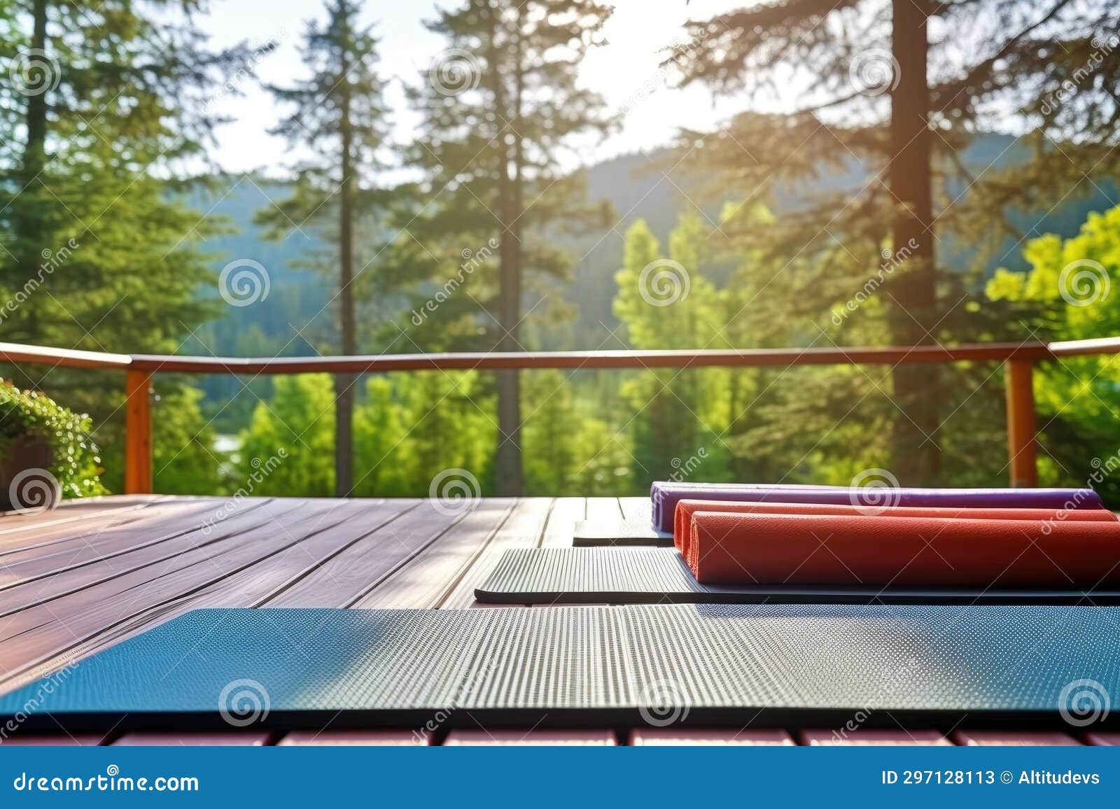 Yoga Mats in an Open Deck with Pine Trees View Stock Image - Image of ...