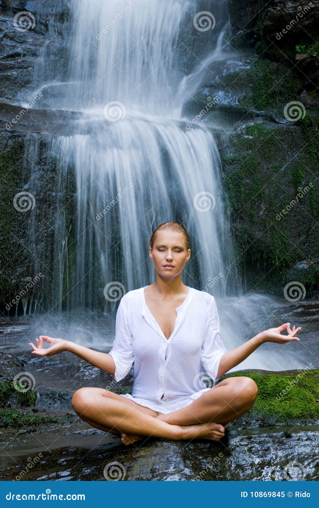 Yoga Meditation Near Waterfall Stock Image - Image of concentration ...