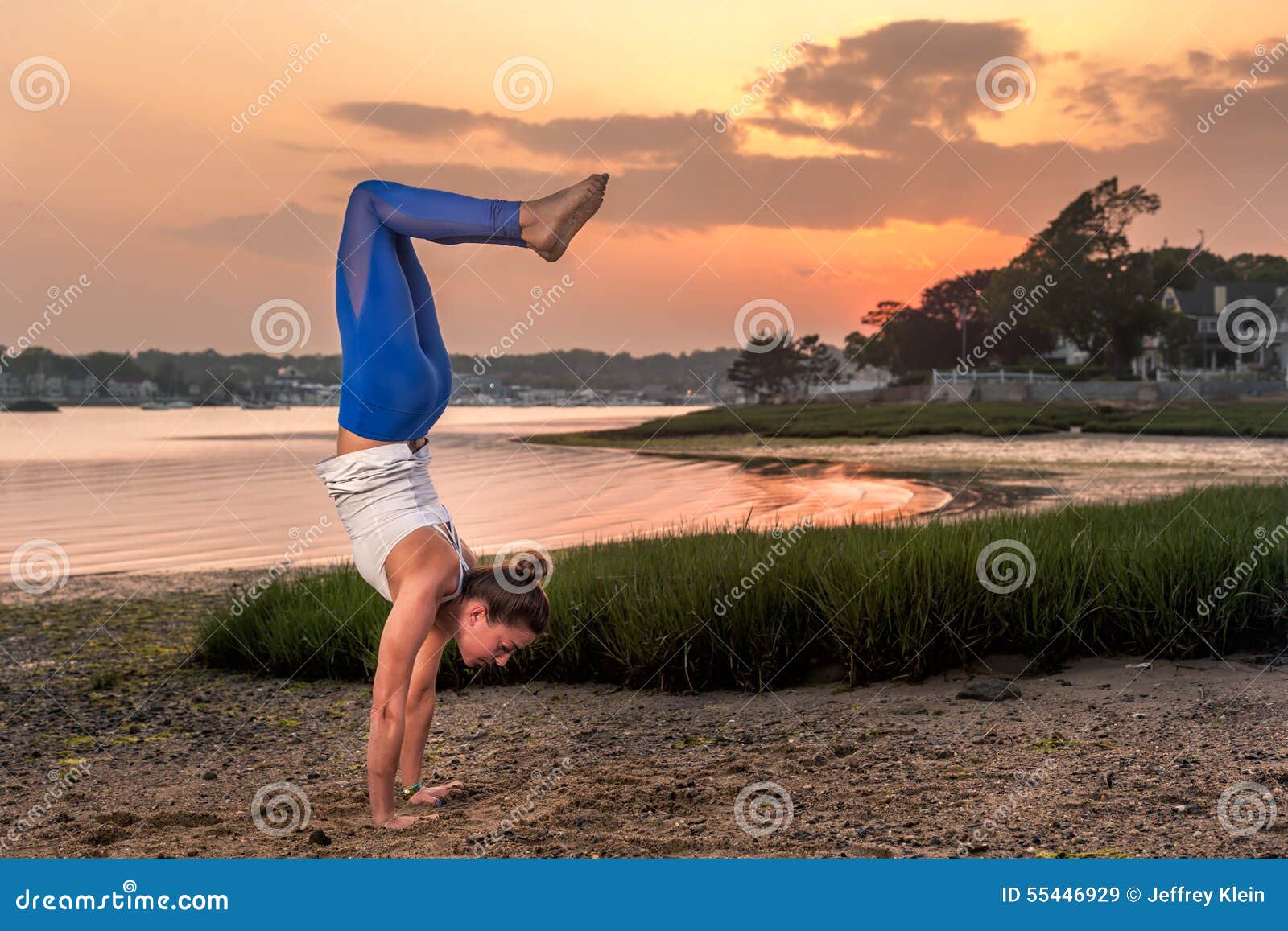 Yoga Model Doing a Handstand on Beach at Sunset Stock Image - Image of ...