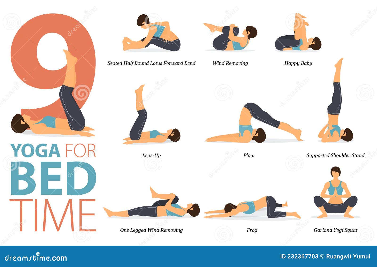 9 Yoga Poses or Asana Posture for Workout in Bed Time Concept. Women ...