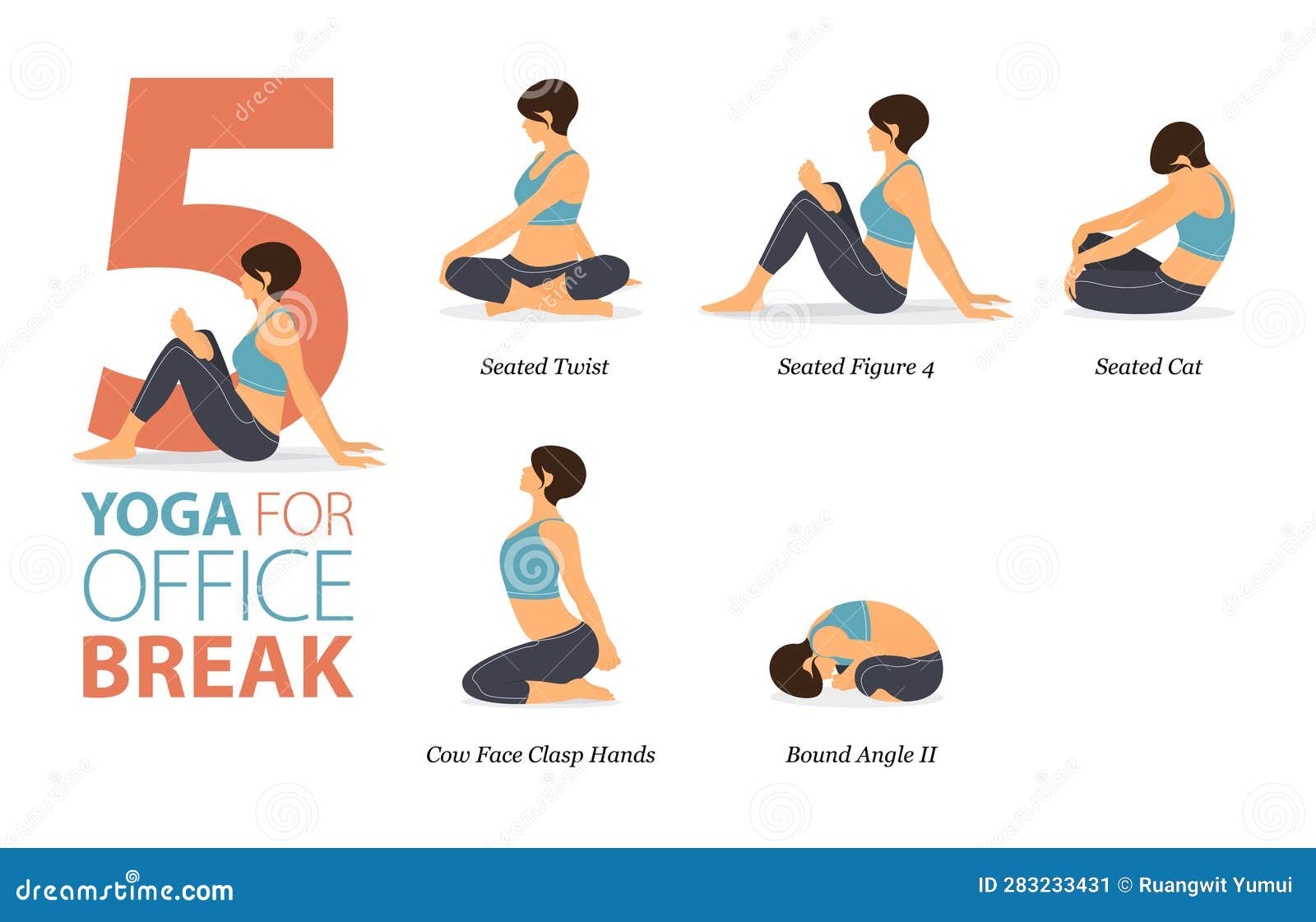 5 Yoga Poses or Asana Posture for Workout in Office Break Concept ...