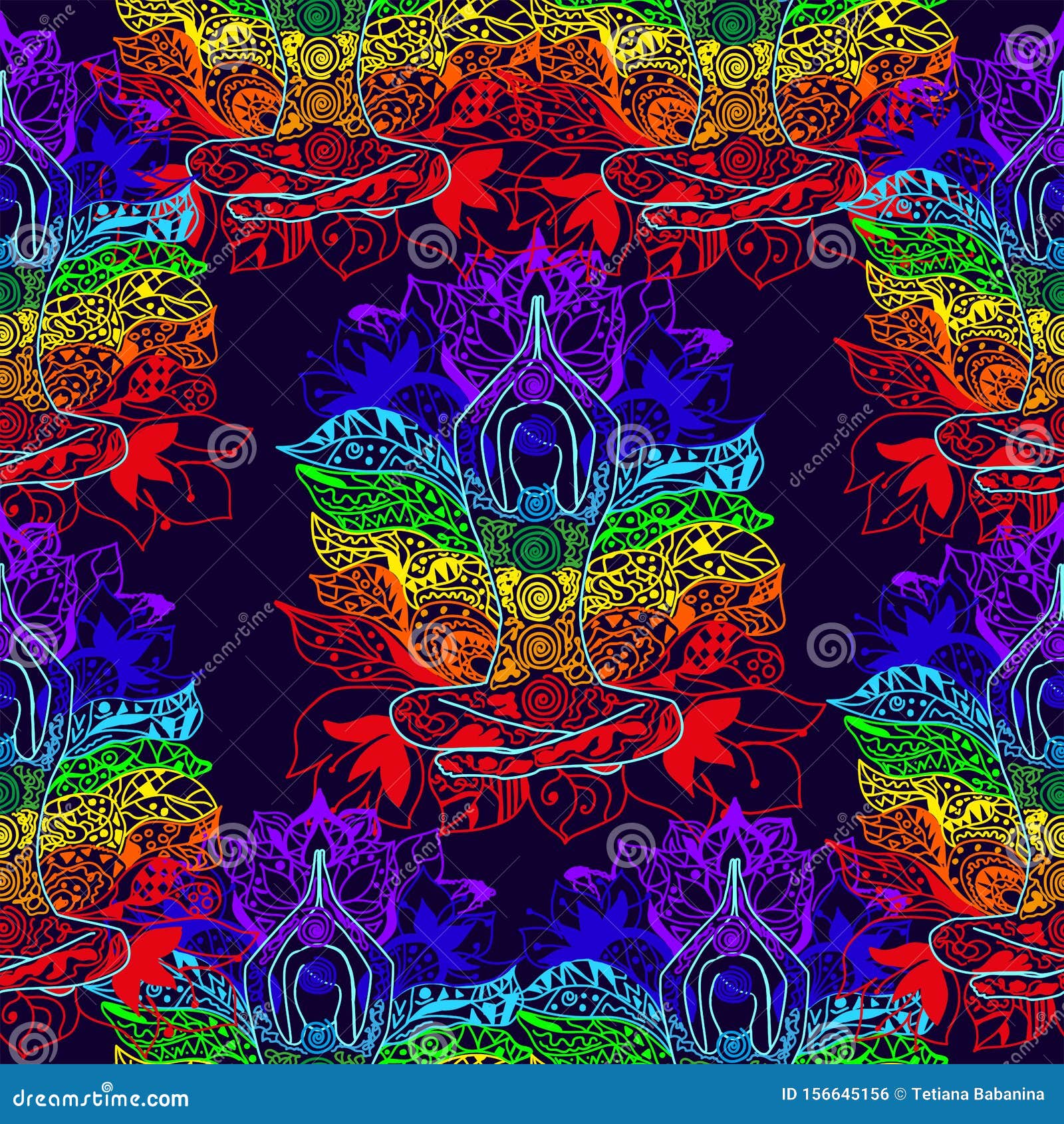 Seamless Pattern Girl in Yoga Pose Showing Fantasy Chakras. Stock ...