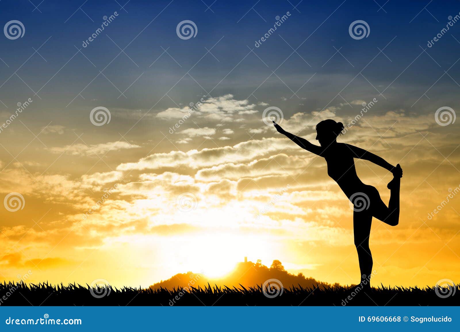 Yoga pose at sunset stock illustration. Illustration of force - 69606668