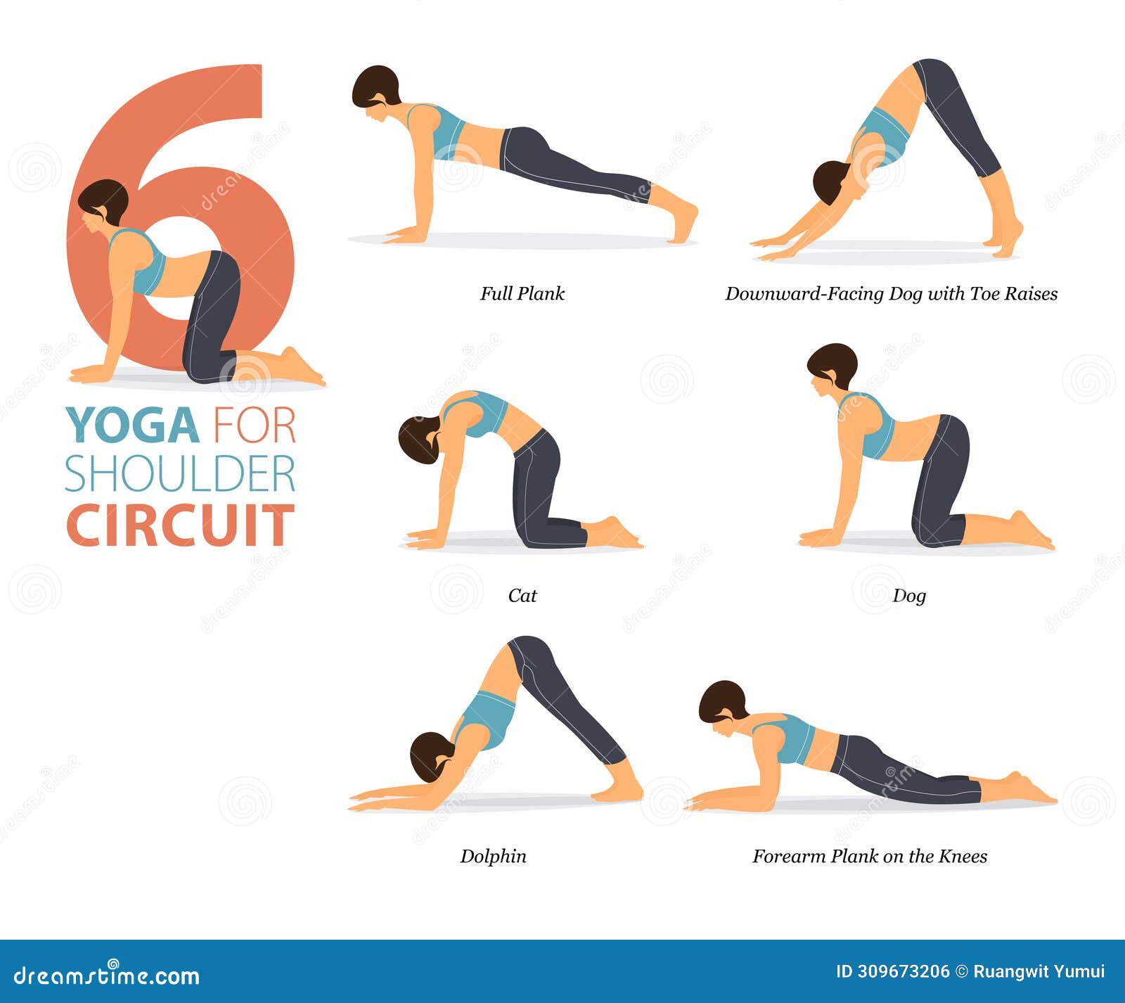 6 Yoga Poses Or Asana Posture For Workout In Shoulder Circuit Concept