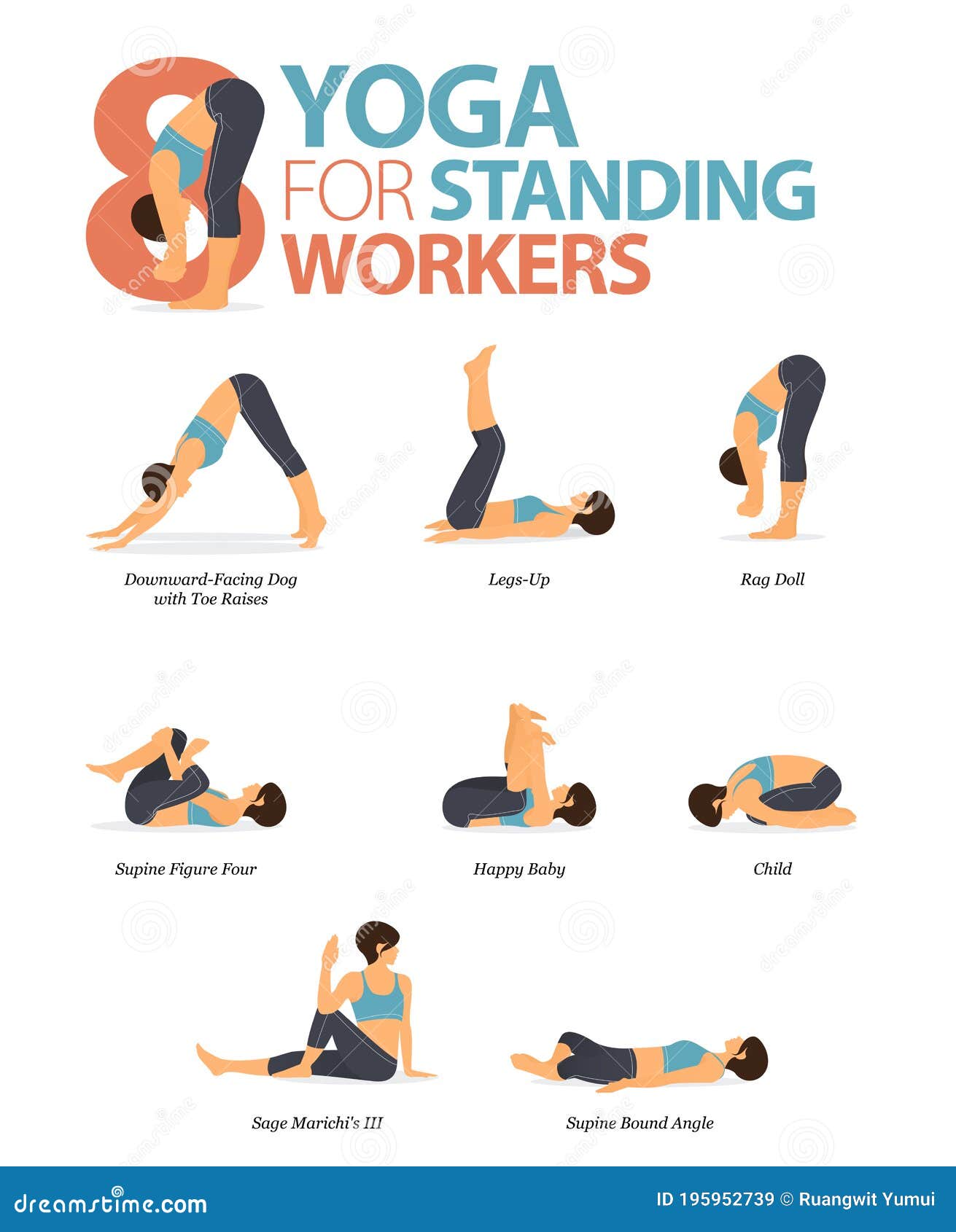 8 Yoga Poses Or Asana Posture For Workout In Standing Worker Concept