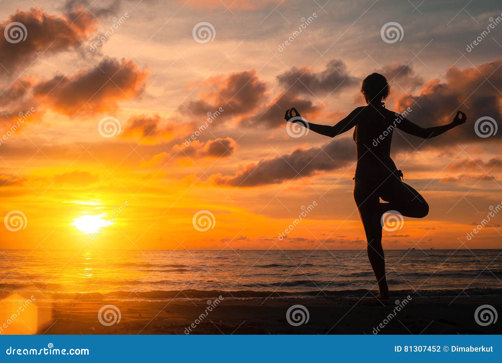 Yoga Practicing at Sunset, Serenity and Meditation. Relax. Stock Photo ...
