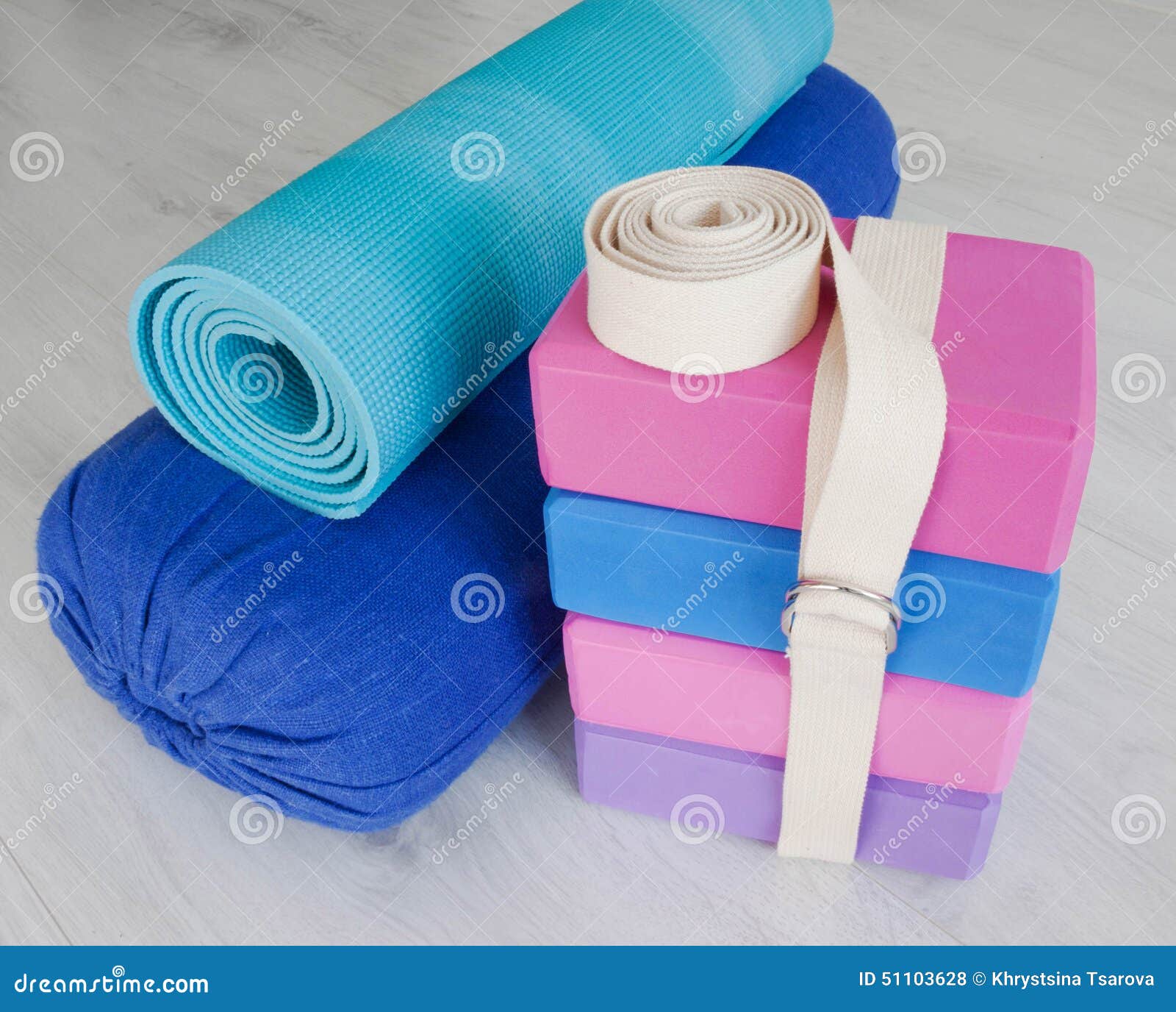 Yoga Props Blocks, Strap, Roller and Carpet Stock Photo - Image of ...