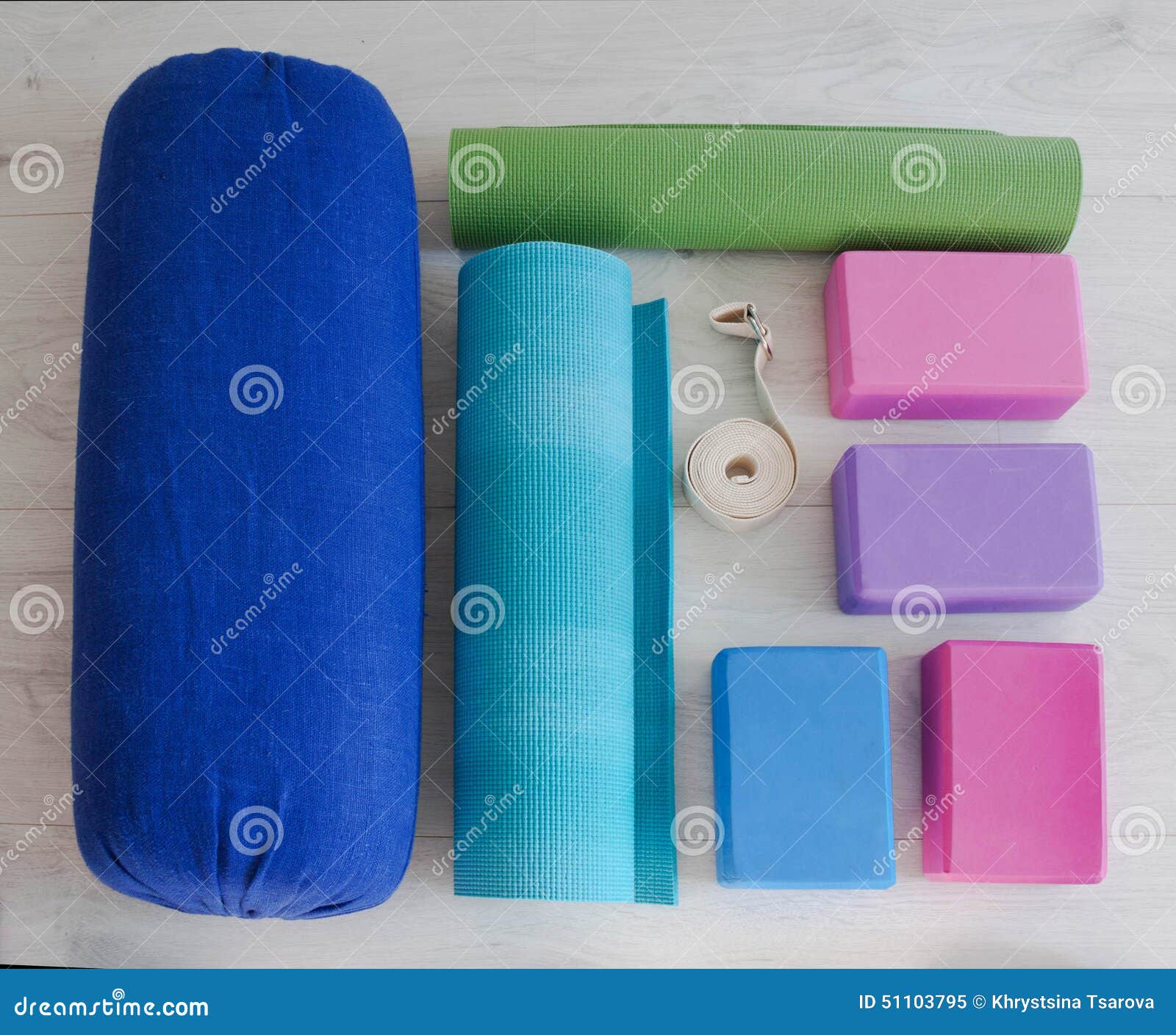 Yoga Props Blocks, Strap, Roller and Carpet Stock Image - Image of ...