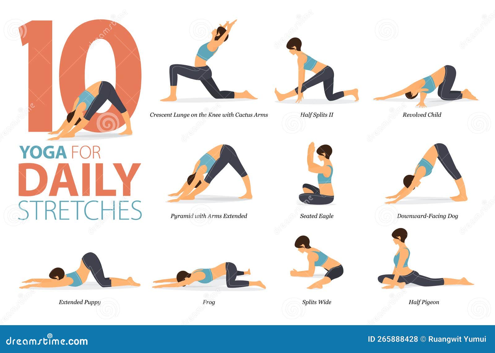 10 Yoga Poses or Asana Posture for Workout in daily Stretches Concept ...