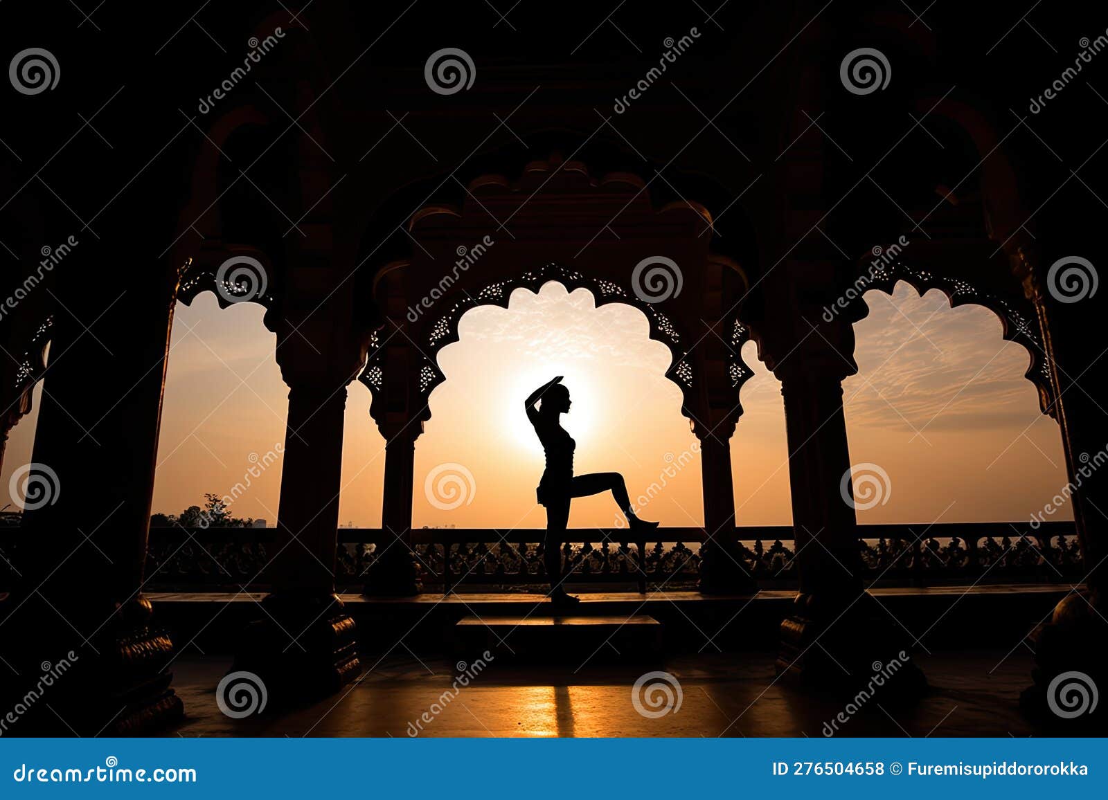 Yoga Silhouette in Temple Yoga Pose Meditates at Sunset with Temple ...