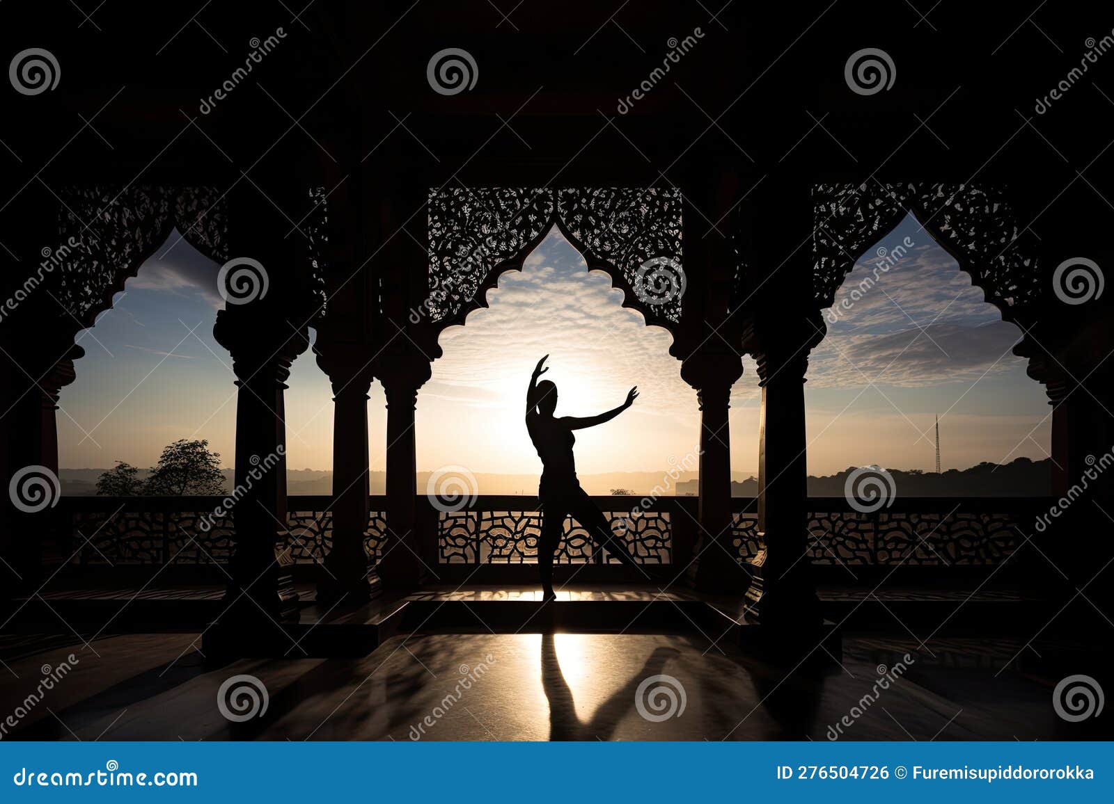 Yoga Silhouette in Temple Yoga Pose Meditates at Sunset with Temple ...
