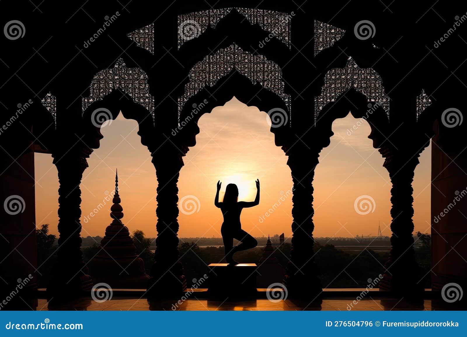 Yoga Silhouette in Temple Yoga Pose Meditates at Sunset with Temple ...
