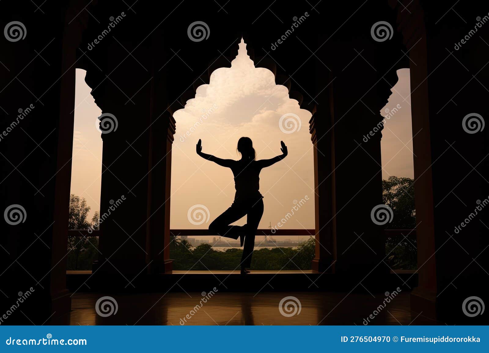 Yoga Silhouette in Temple Yoga Pose Meditates at Sunset with Temple ...