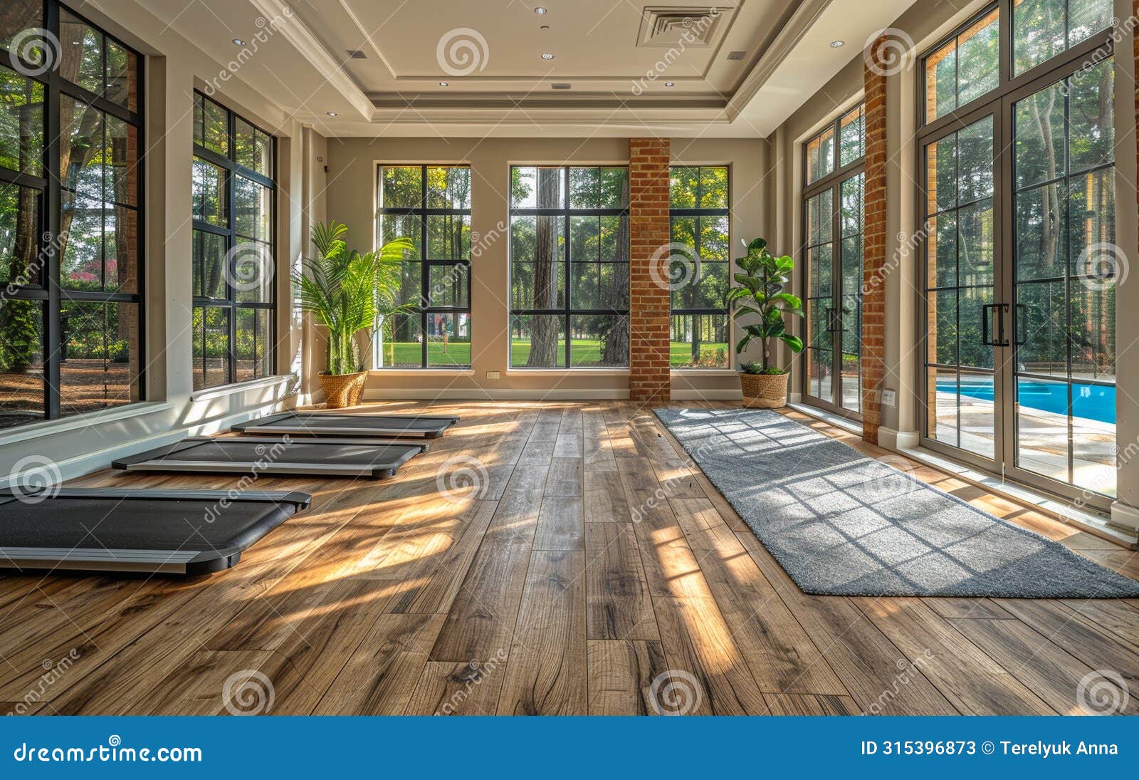 The Yoga Studio Features Large Windows and Pool Stock Image - Image of ...