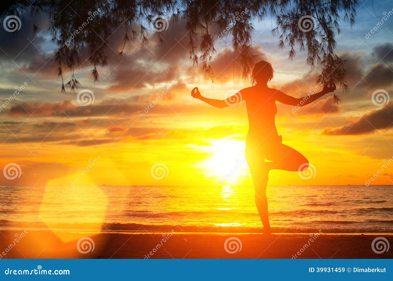 Yoga Tree Pose By Woman Silhouette With Sunset Stock Image ...
