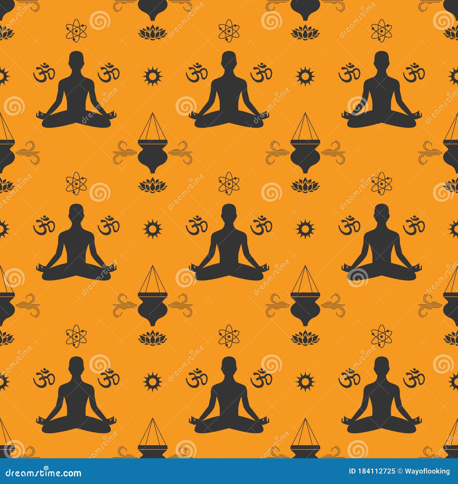 Yoga and Ayurveda Seamless Pattern on Saffron Colour Background ...
