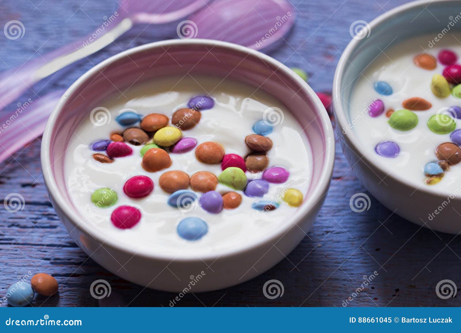 Yoghurt with smarties stock image. Image of sweet, cute - 88661045