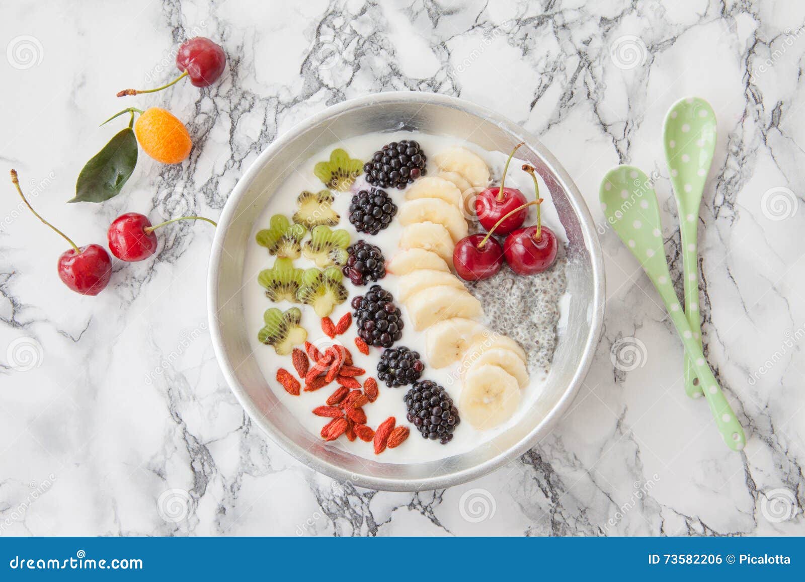 Yogurt with fresh fruits stock photo. Image of spoons - 73582206