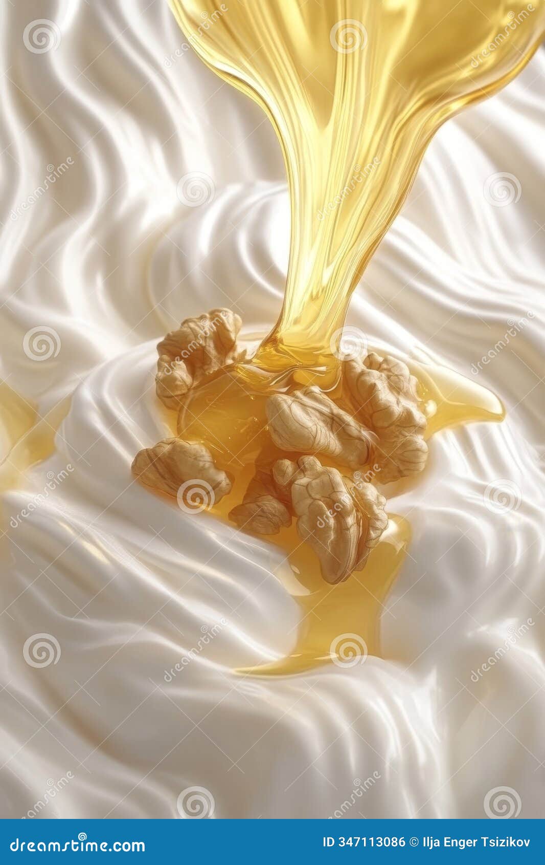 Yogurt with Honey Drip and Walnuts on a Minimal White Background, a ...