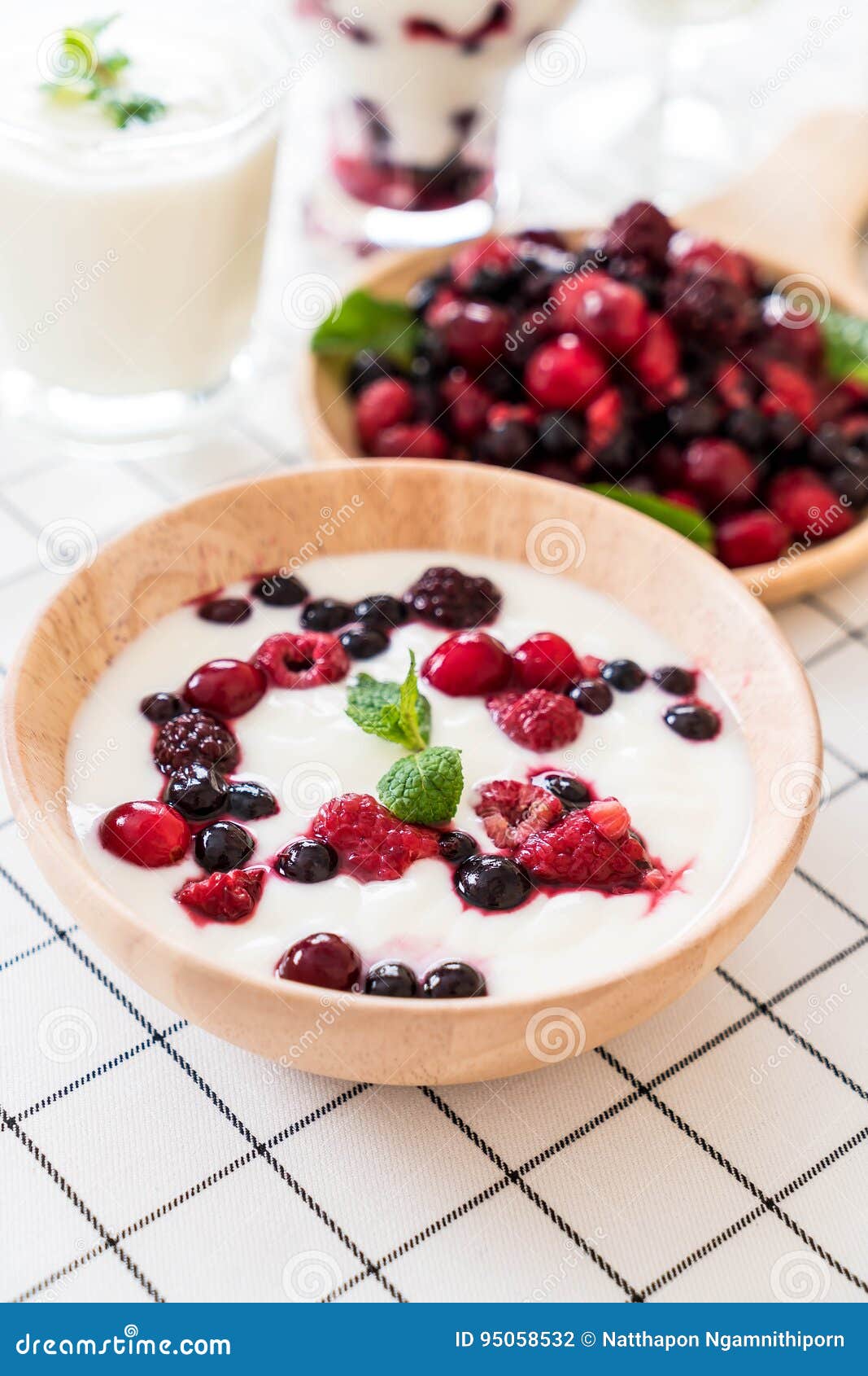 Yogurt with mixed berries stock photo. Image of strawberry - 95058532