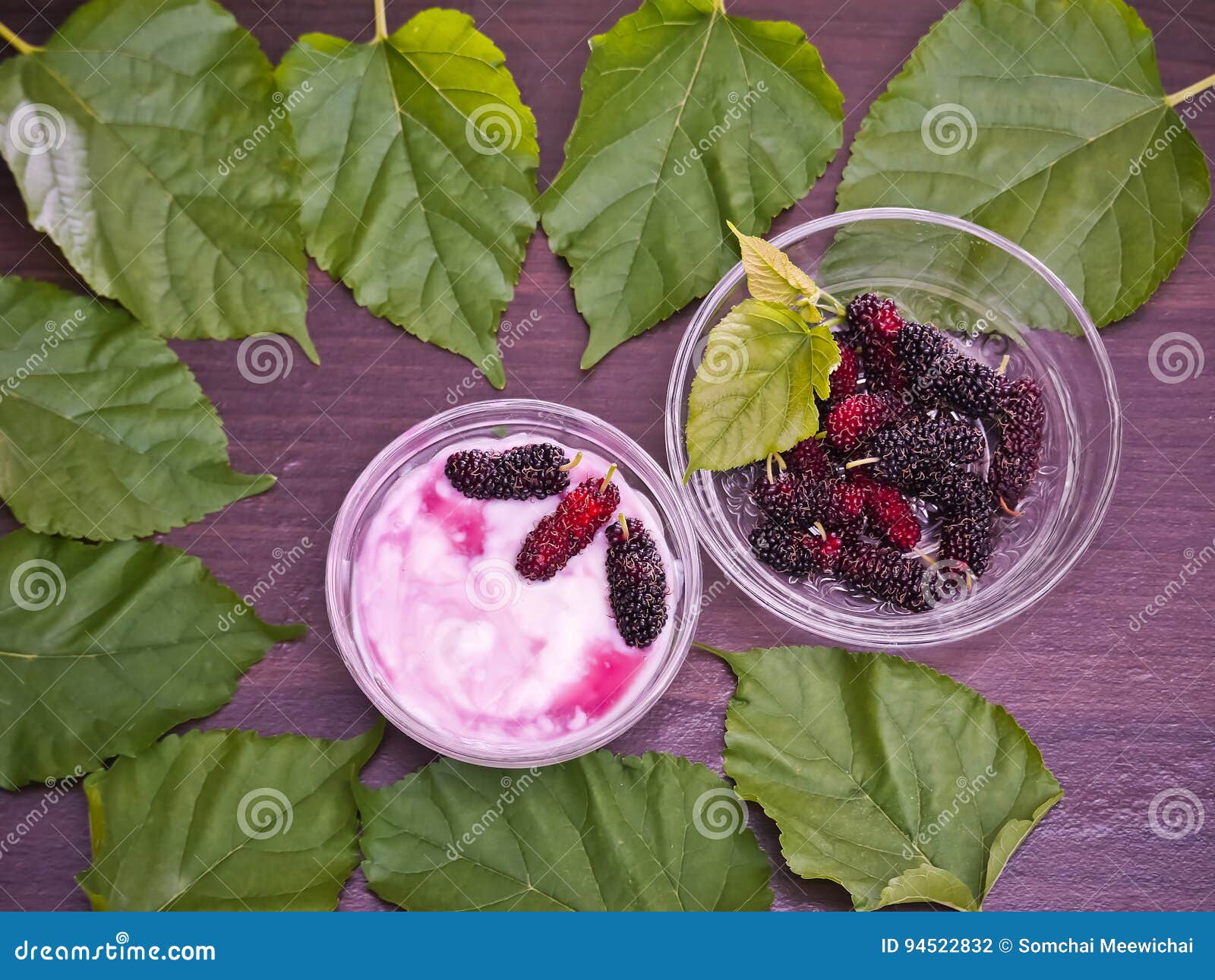 Yogurt with Mulberry Mix and Leaf with Close Up View Stock Photo ...