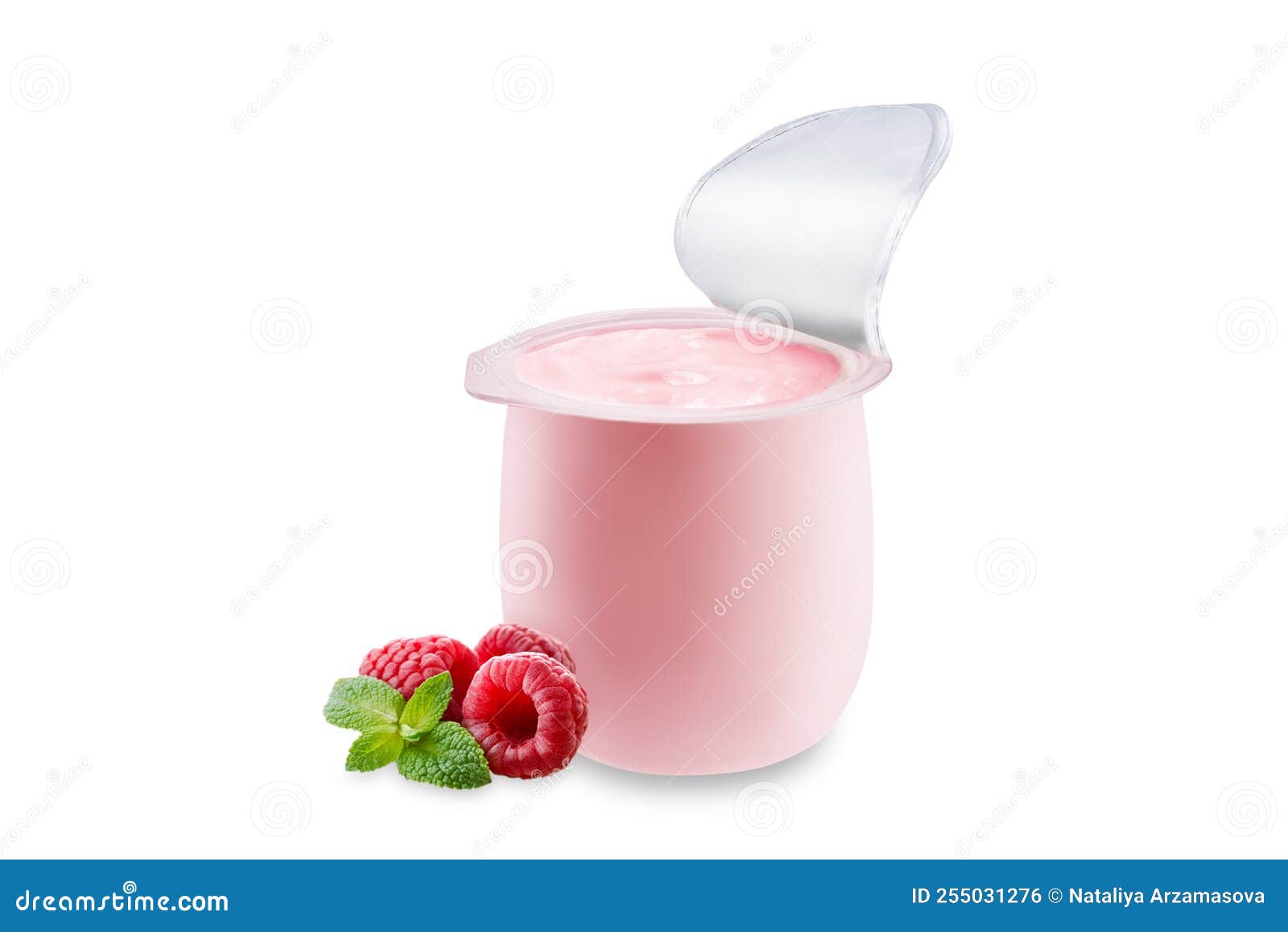 Yogurt in a Plastic Cup with a Raspberry on a White Isolated Background ...