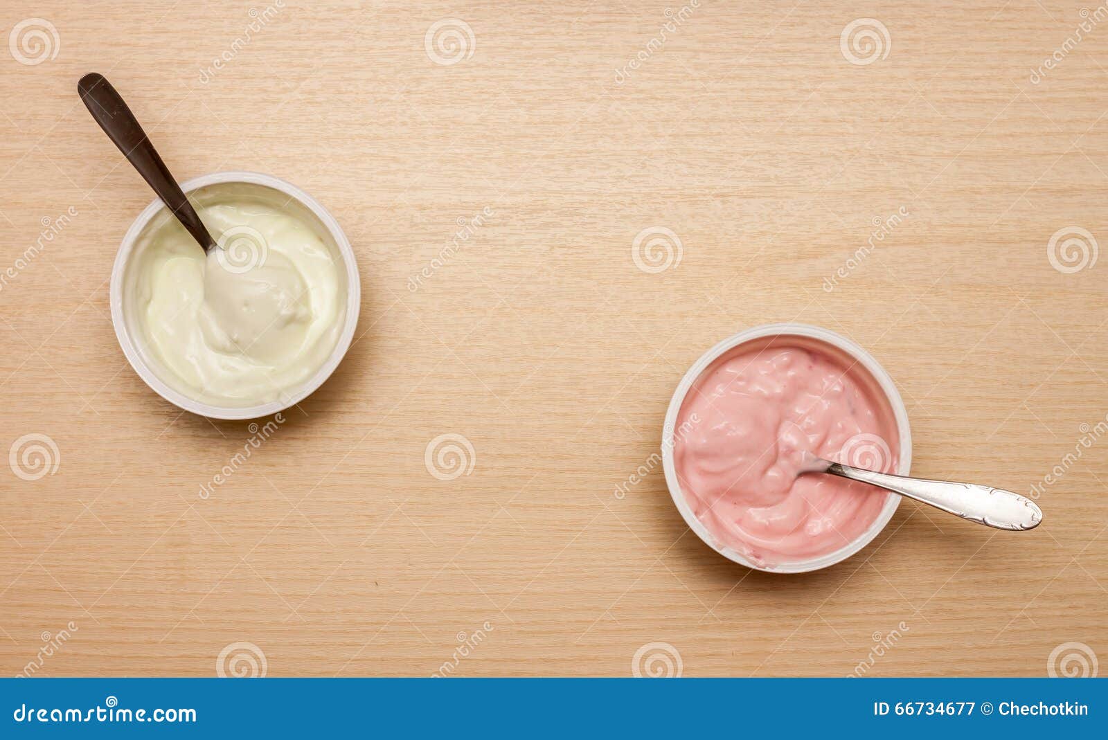 Yogurt Top View On Wooden Table.Different Colors Yoghurts.Milk Dessert ...