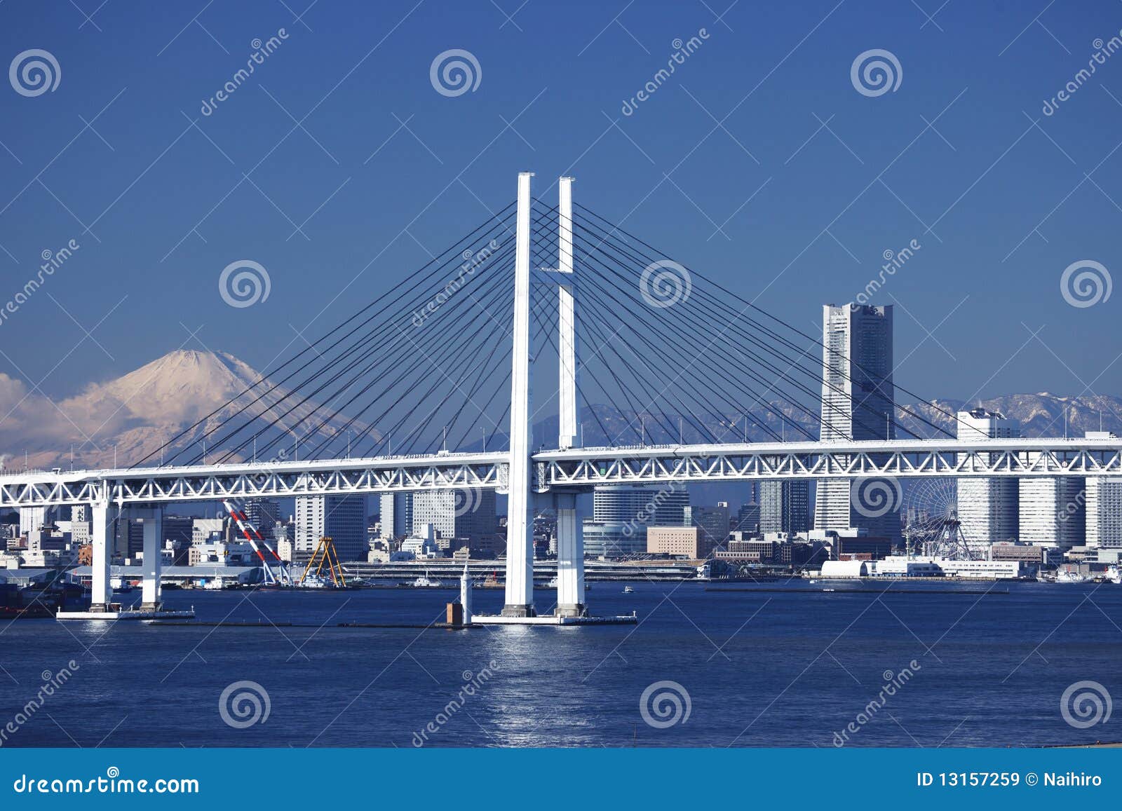 Yokohama Bay Bridge, Mt. Fuji, and a Building Stock Image - Image of ...