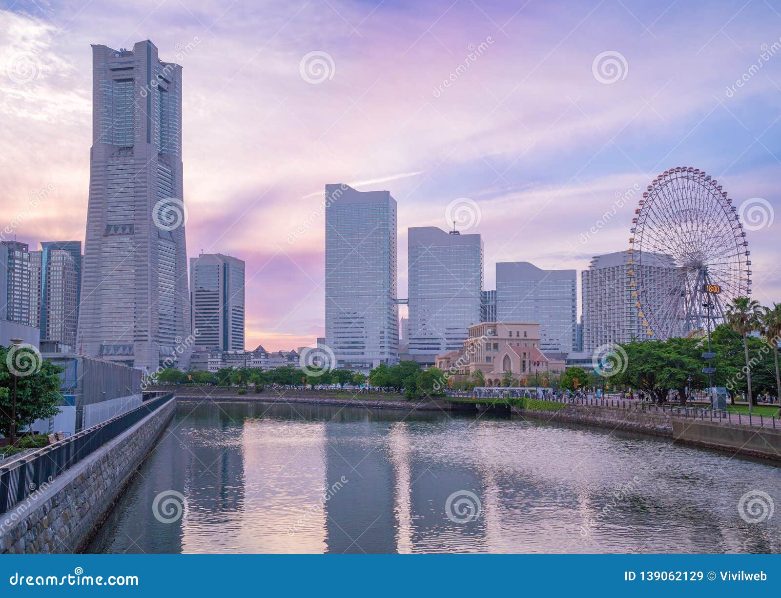 Yokohama Skyline on River Canal Stock Image - Image of scenic ...