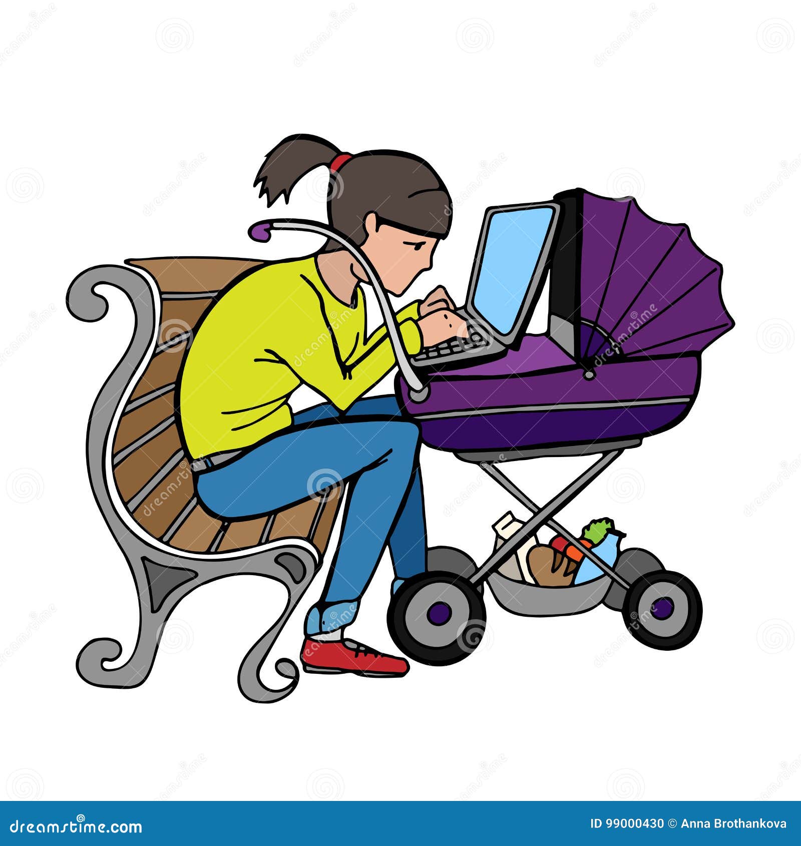 Yong Working Mother Using Laptop at Stroller Stock Vector ...